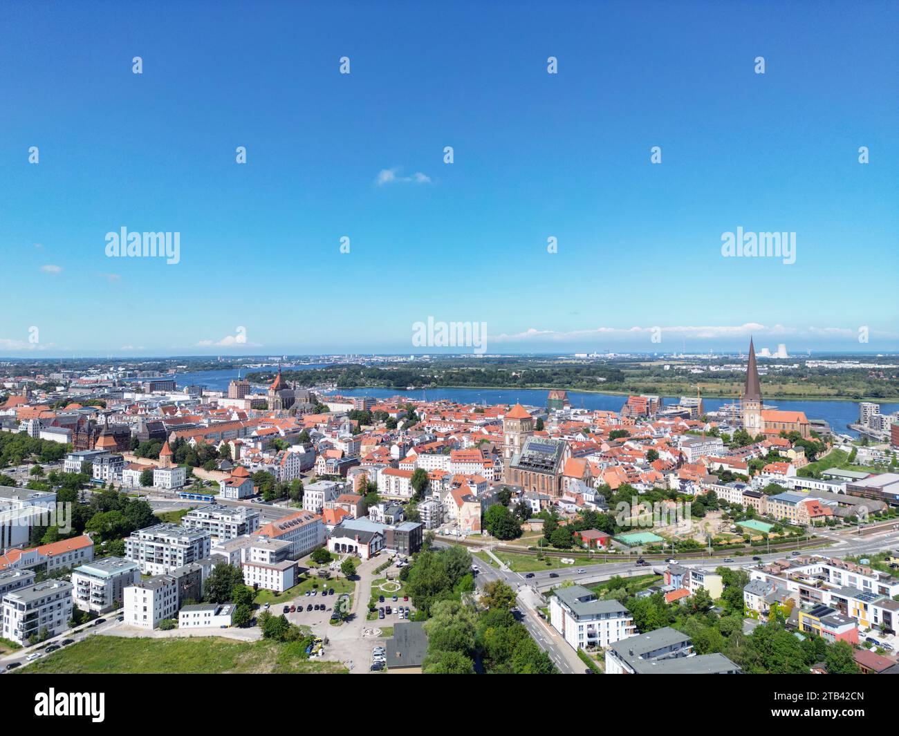 Aerial view of the old town of Rostock and the Warnow river ...