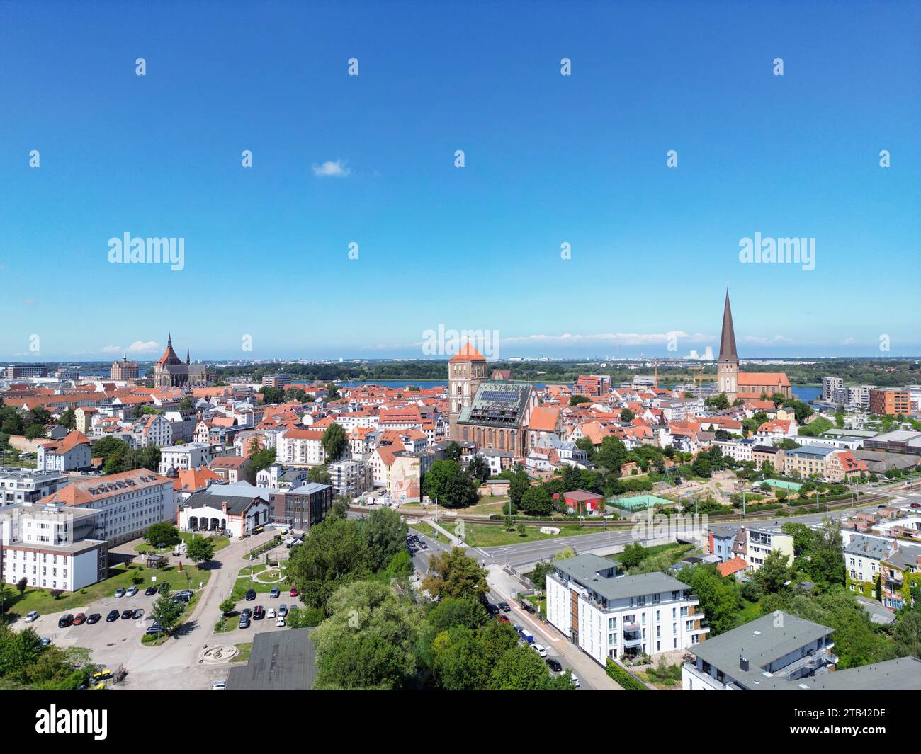 Aerial view of the old town of Rostock and the Warnow river ...