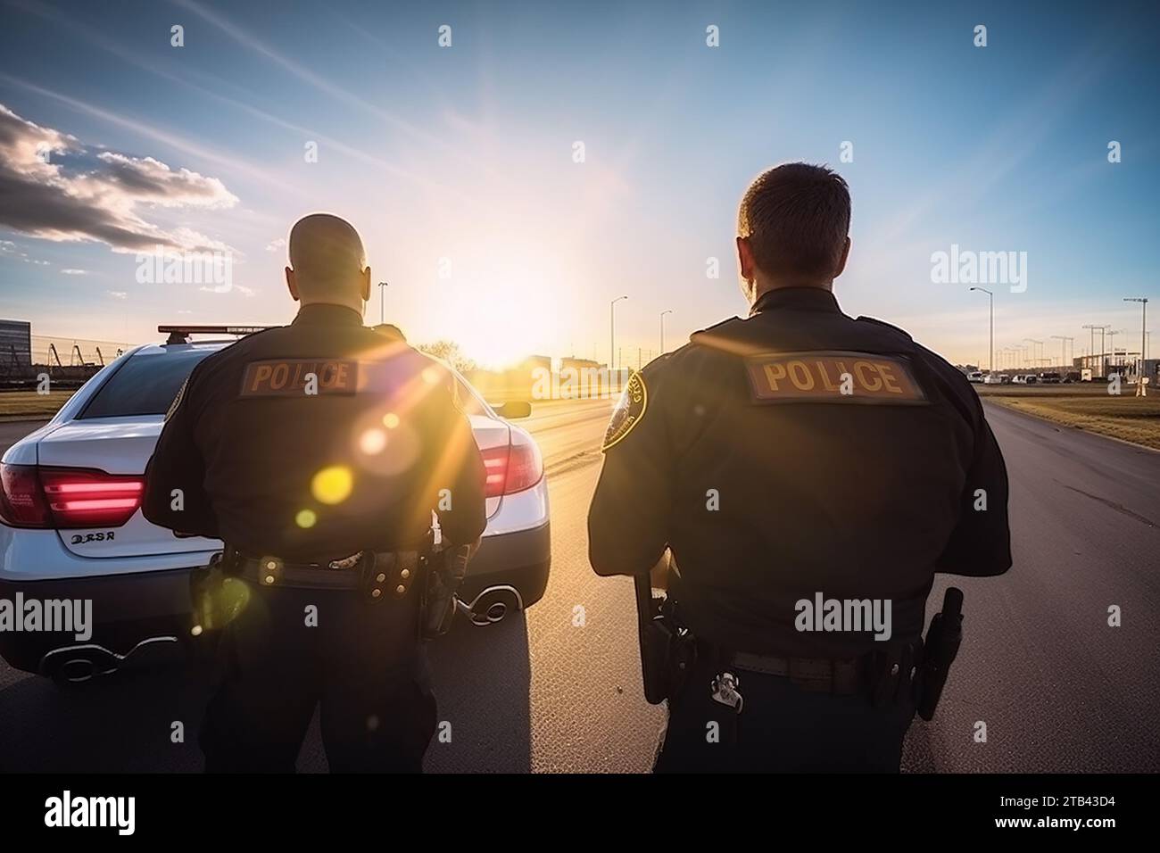 Police officers shot from behind in the setting light. Backlight Stock ...