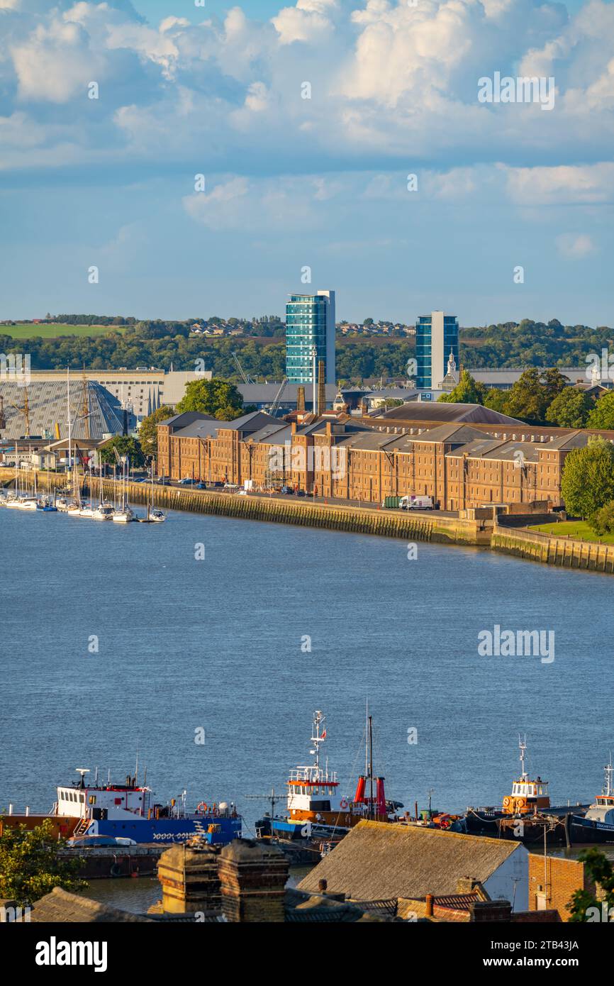 The buildings of Chatham Maritime Museum and the river Medway, from ...