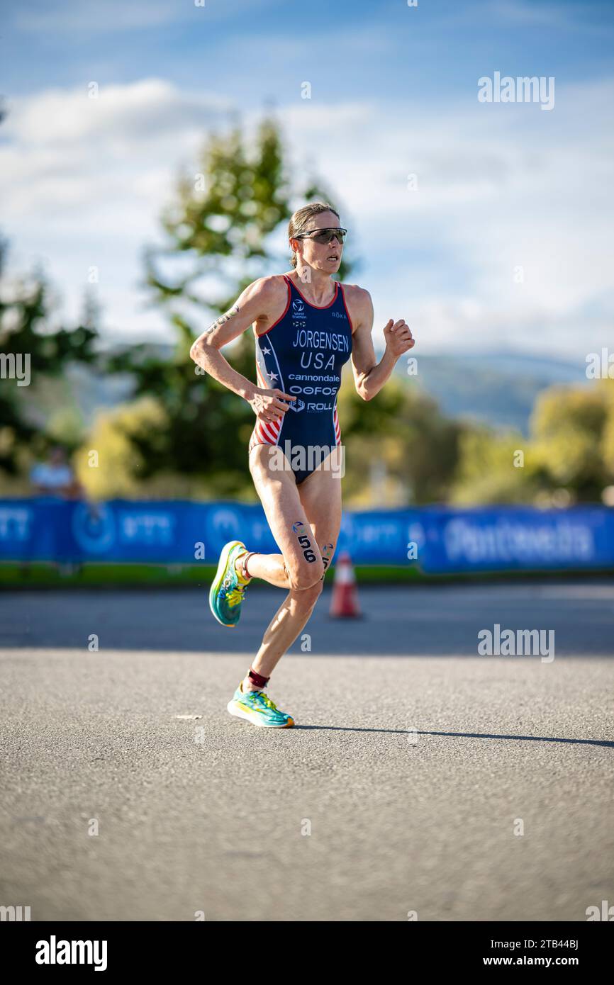 Gwen Jorgensen running at the finish line in Pontevedra in the 2023 ...