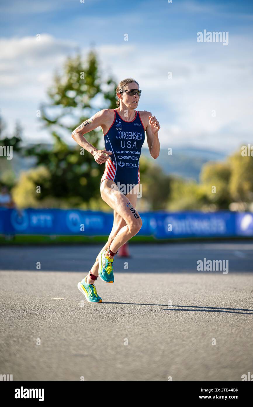 Gwen Jorgensen running at the finish line in Pontevedra in the 2023 ...