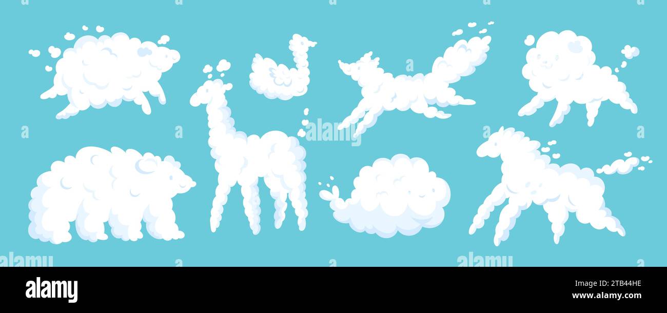 Cute animal shaped clouds. Zoomorphic cumulus in blue sky. Atmospheric ...