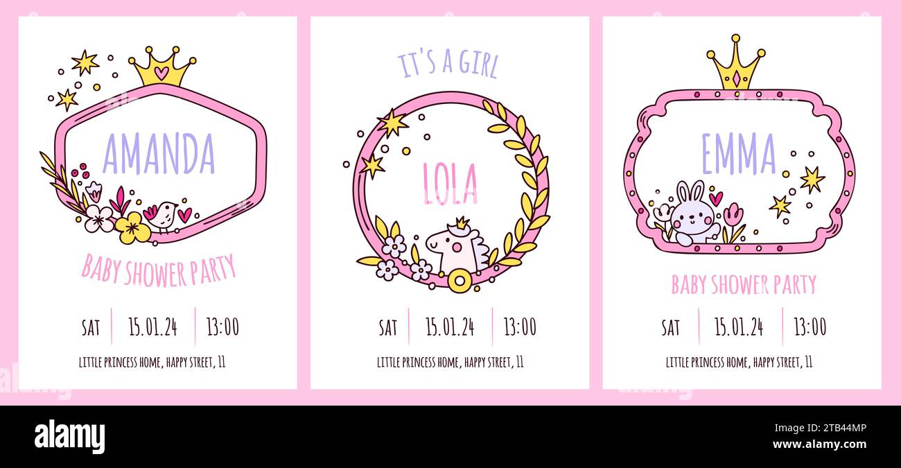 Cute princess invitational cards. Girly baby shower party. Pink sweety ...