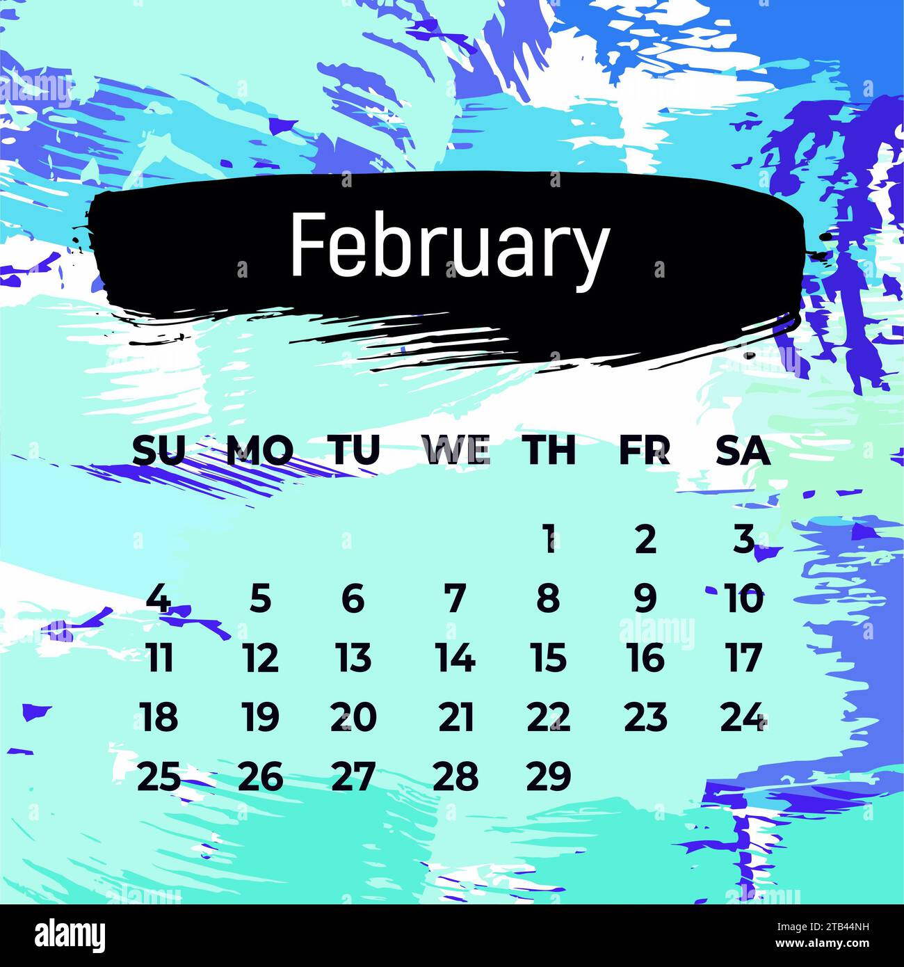 Page for February 2024 year. Square calendar planner for a month. Blue ...
