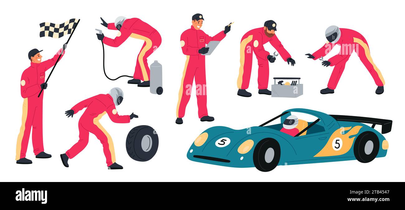 Pit stop members. Racing engineers team in uniform. Repair service ...