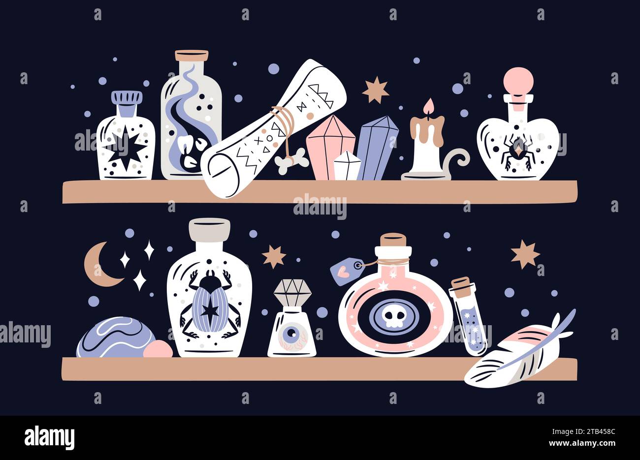 Potion Bottles On Shelf Magic Elixirs In Different Shapes Glass Flasks