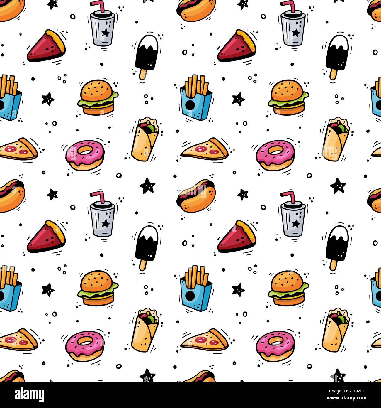 Fast food pattern. Hand drawn seamless pattern with fast food elements ...