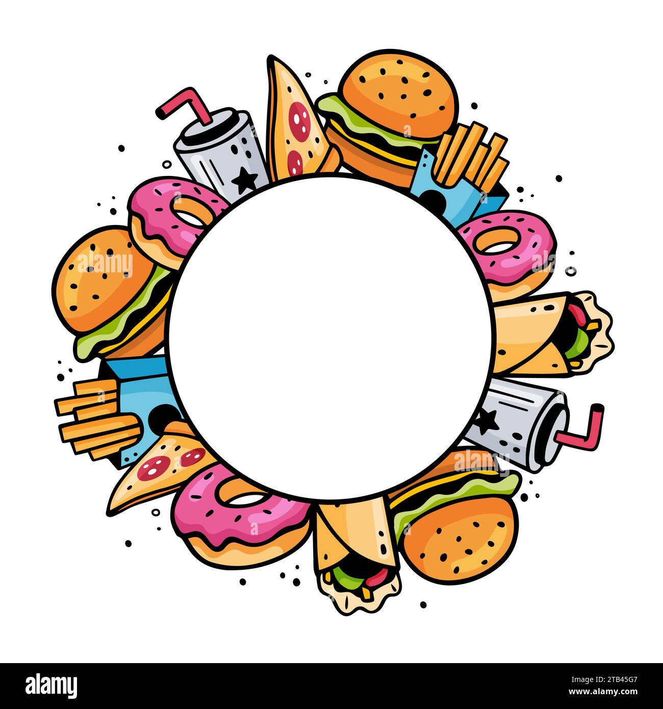 Hand drawn fast food round frame, copy space template. Sketch of snack ...