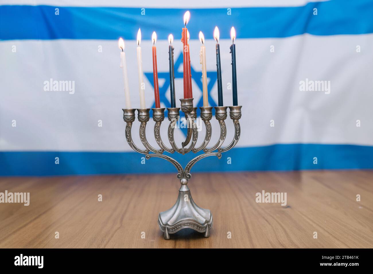 Hanukkah Menorah Illuminating Wooden Table, Celebrating Festival of ...
