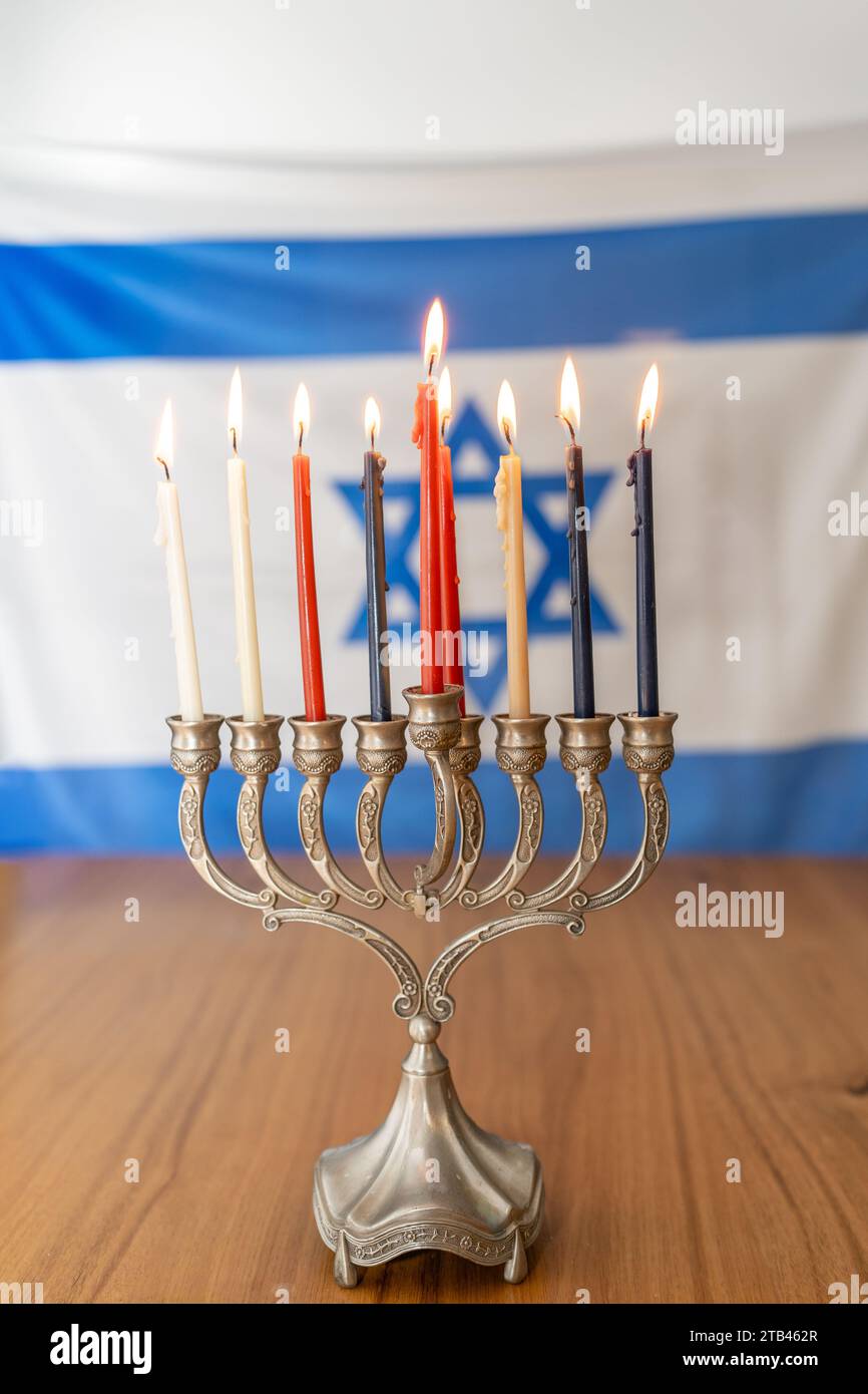 Hanukkah Menorah Illuminating Wooden Table, Celebrating Festival of ...