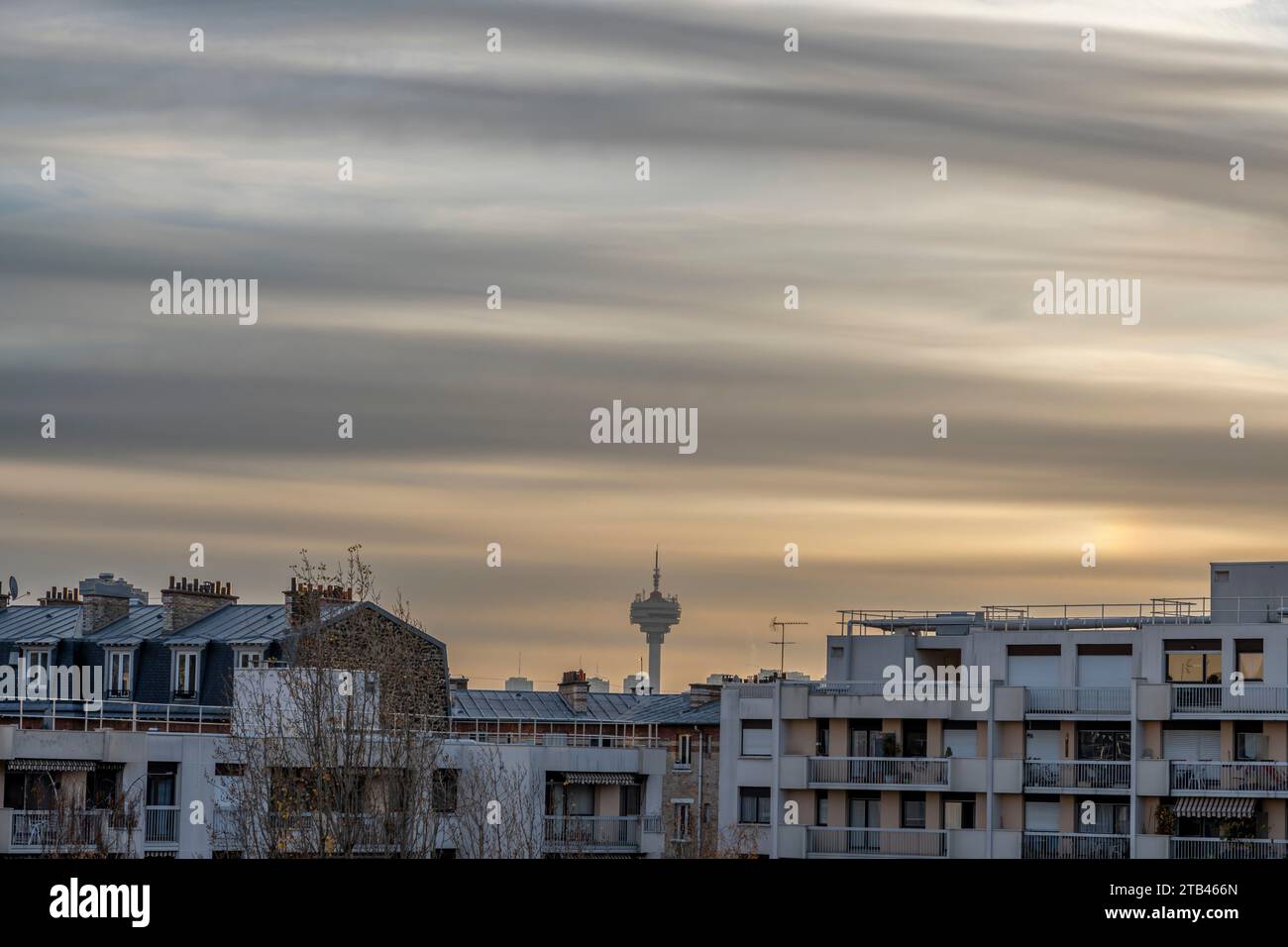 Les Lilas, France - 11 30 2023: View of TDF microwave tower Romainville ...