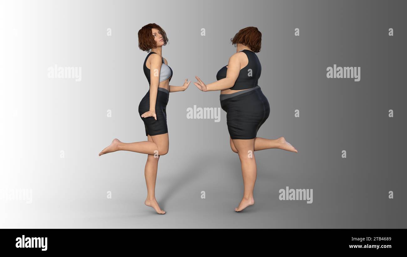 Conceptual fat overweight obese female vs slim fit healthy body after ...
