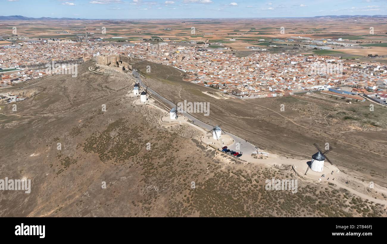 Aerial view of the traditional mills of Consuegra in Toledo, Spain ...