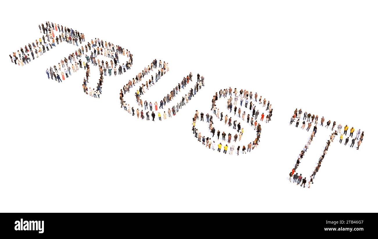 Conceptual large community of people forming TRUST word. 3d ...