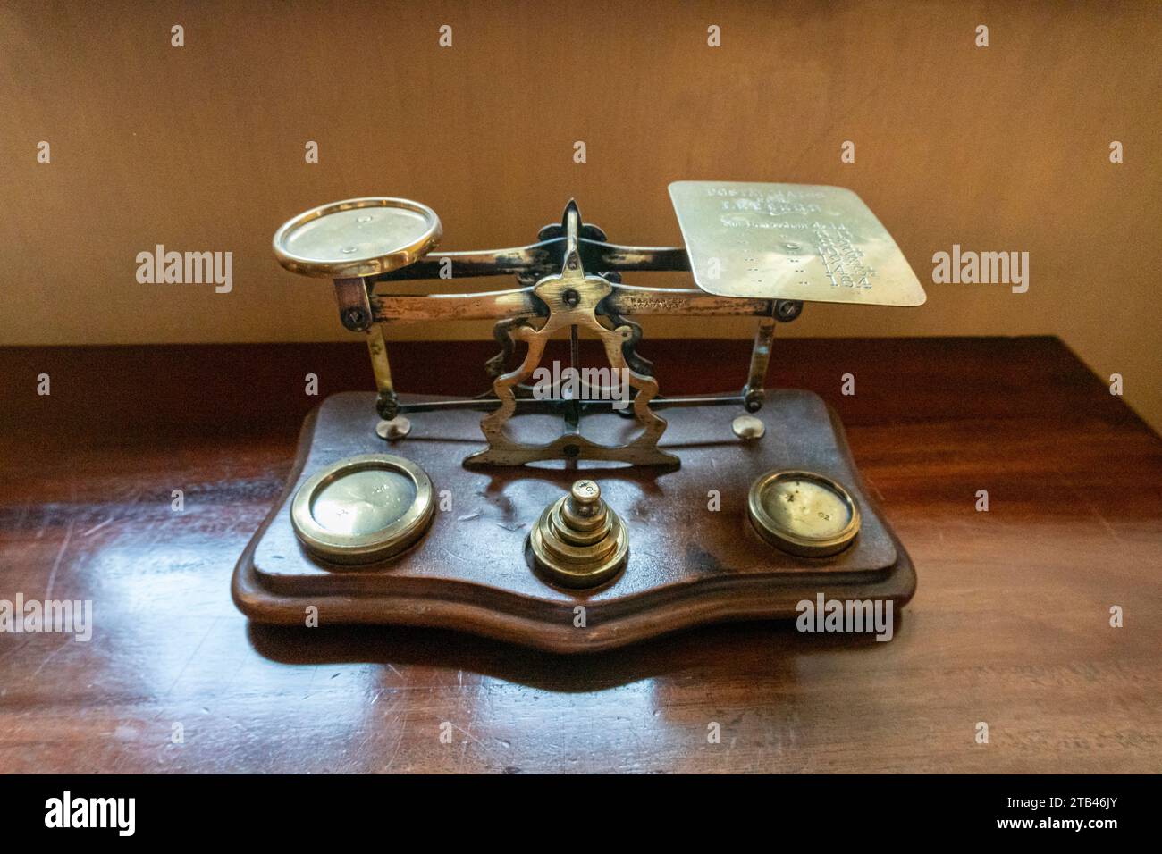 A set of brass 18th century postal scales, used to weigh letters to ...