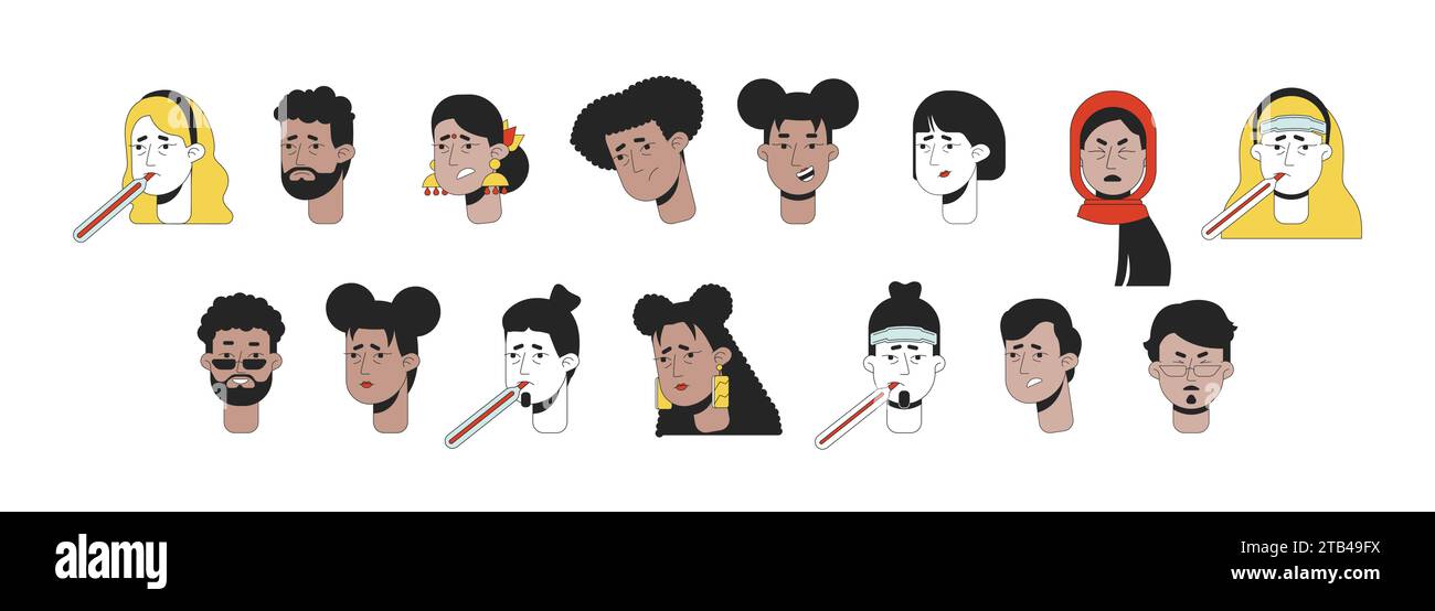 Feeling sick diverse 2D linear vector avatars illustration bundle Stock ...