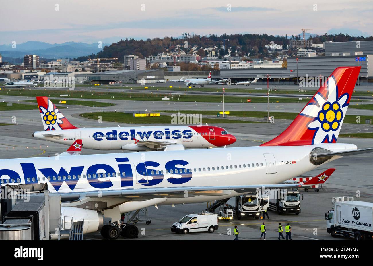 Two Airbus aircraft of the Swiss holiday airline Edelweiss Air at ...
