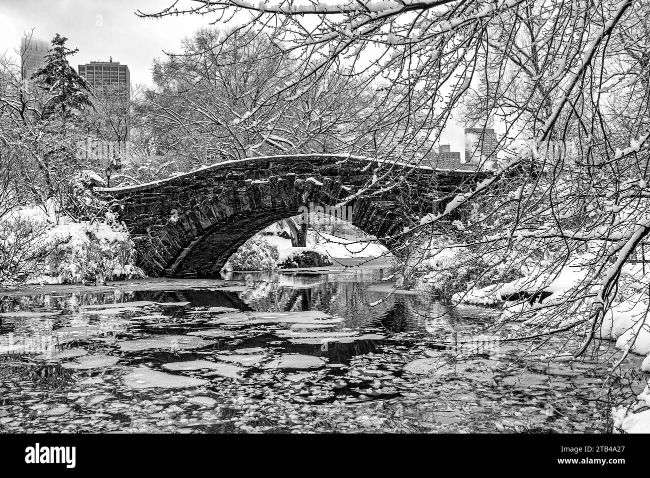 Gapstow Bridge in Central Park during snow storm, early orning Stock ...