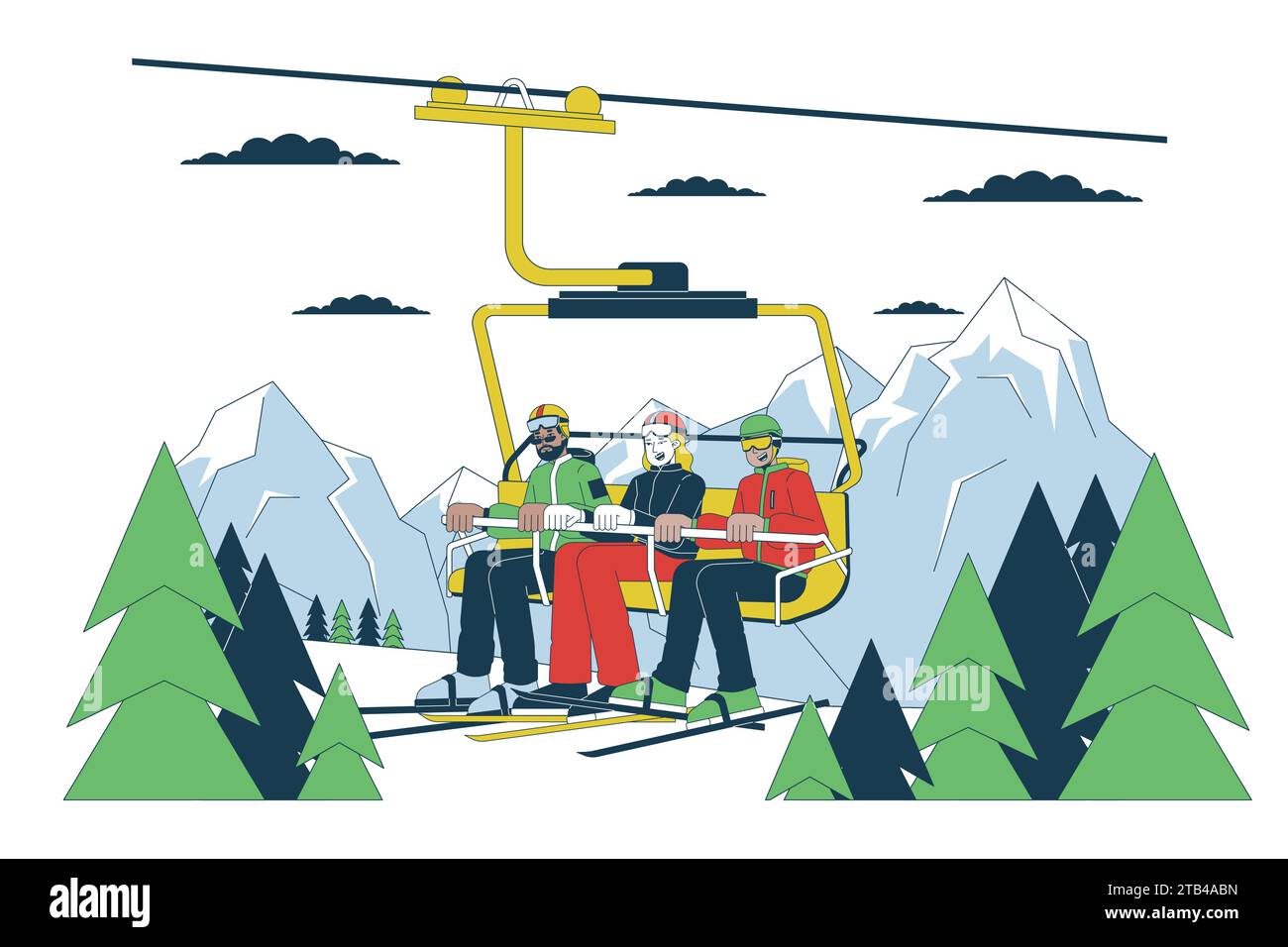 Gondola skiers riding on ski chairlift line cartoon flat illustration ...