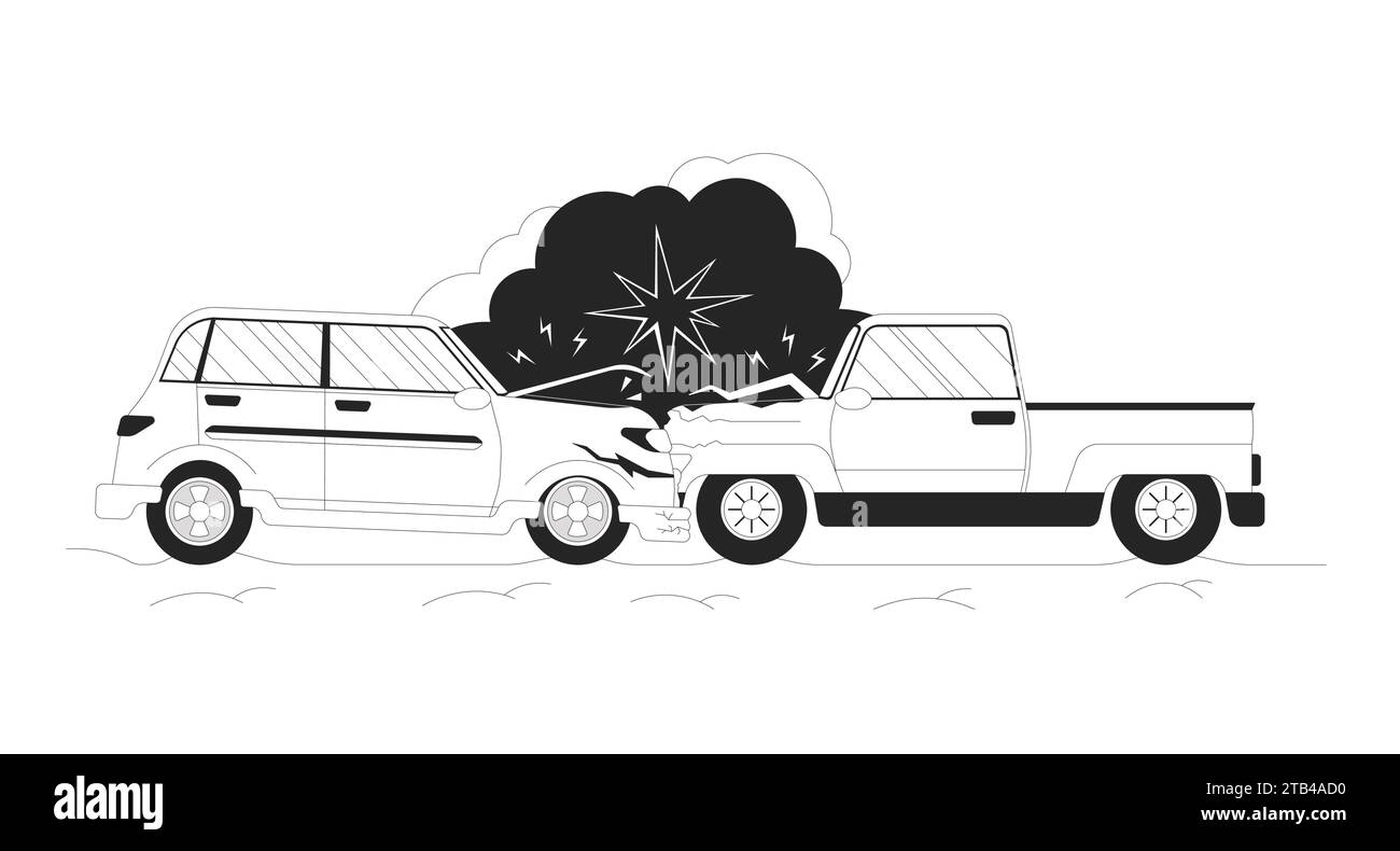 Head-on collision automobiles black and white 2D line cartoon object ...