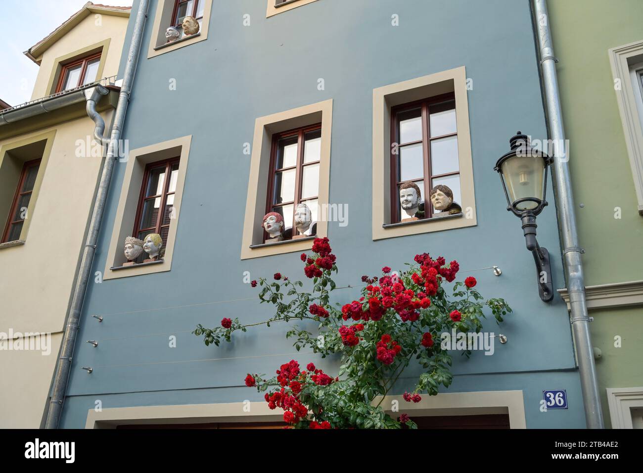 Old building, ceramic figures by Heike Minner in the window, Weingarten ...