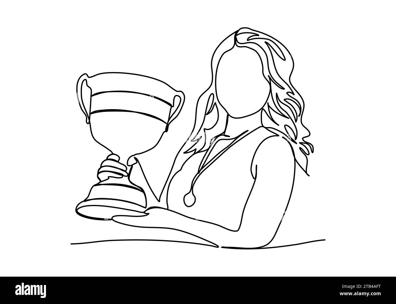Woman holding the championship trophy one line drawing vector ...