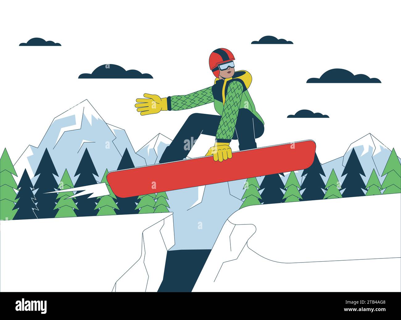 Snowboarder jumping on mountain slope line cartoon flat illustration ...