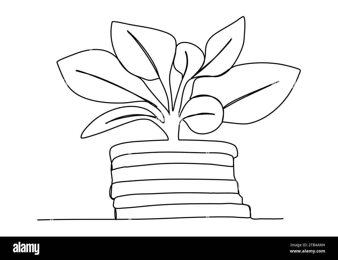 Coins stack with growing plant, one line drawing vector illustration ...