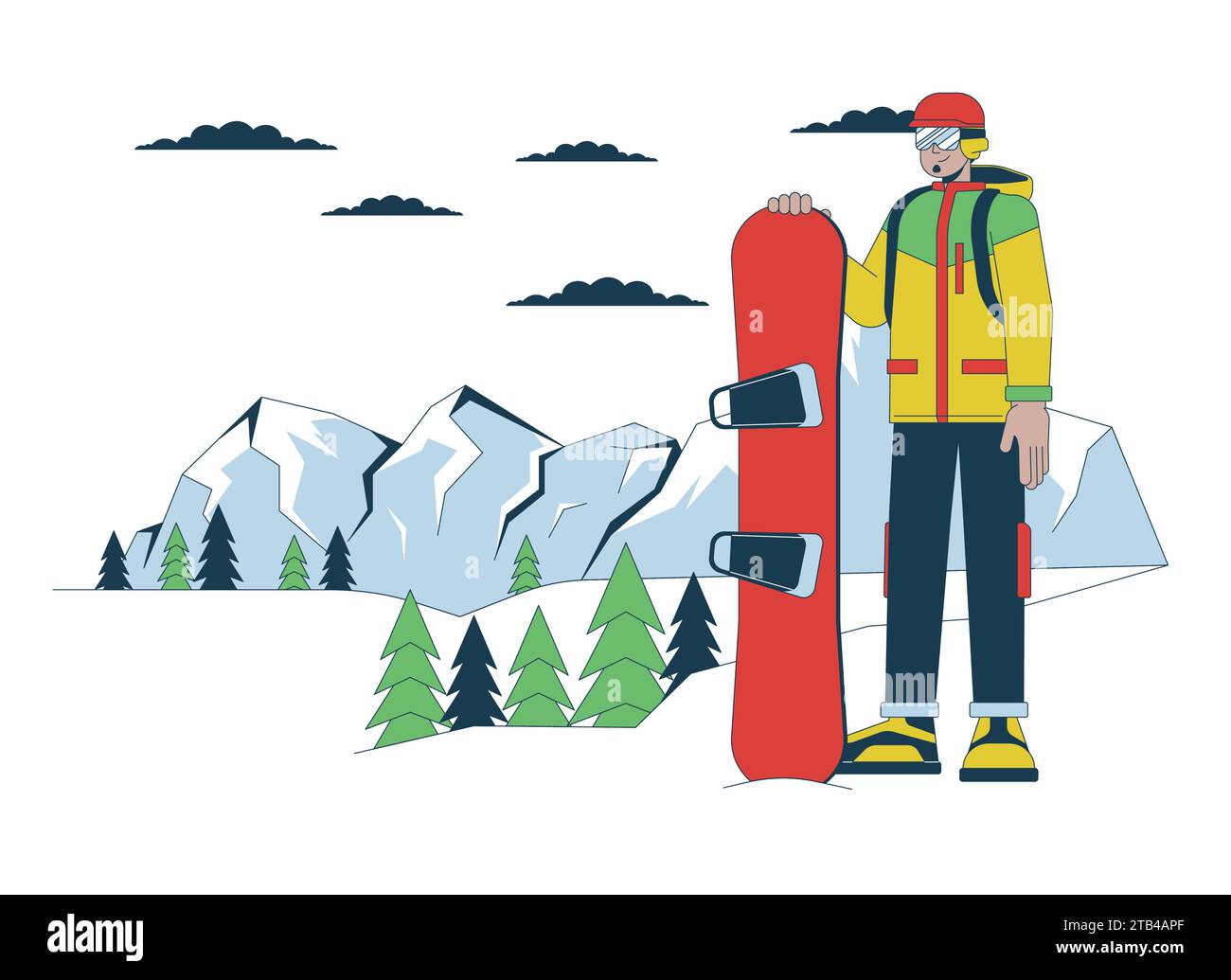 Snowboarder standing on ski resort line cartoon flat illustration Stock ...