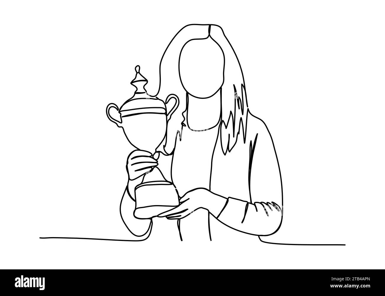 Woman holding the championship trophy one line drawing vector ...
