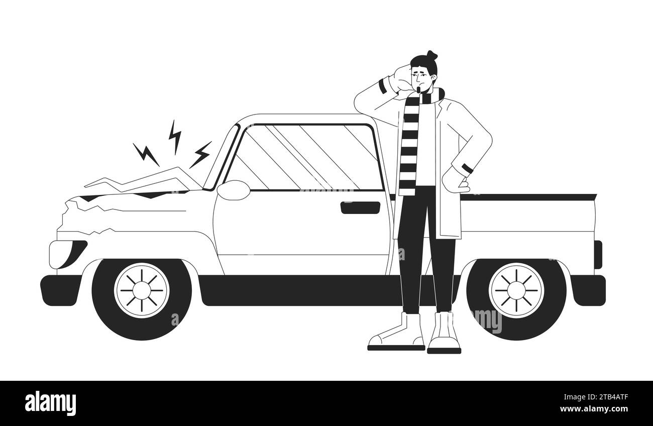 Caucasian sad man near broken vehicle black and white 2D line cartoon character Stock Vector ...