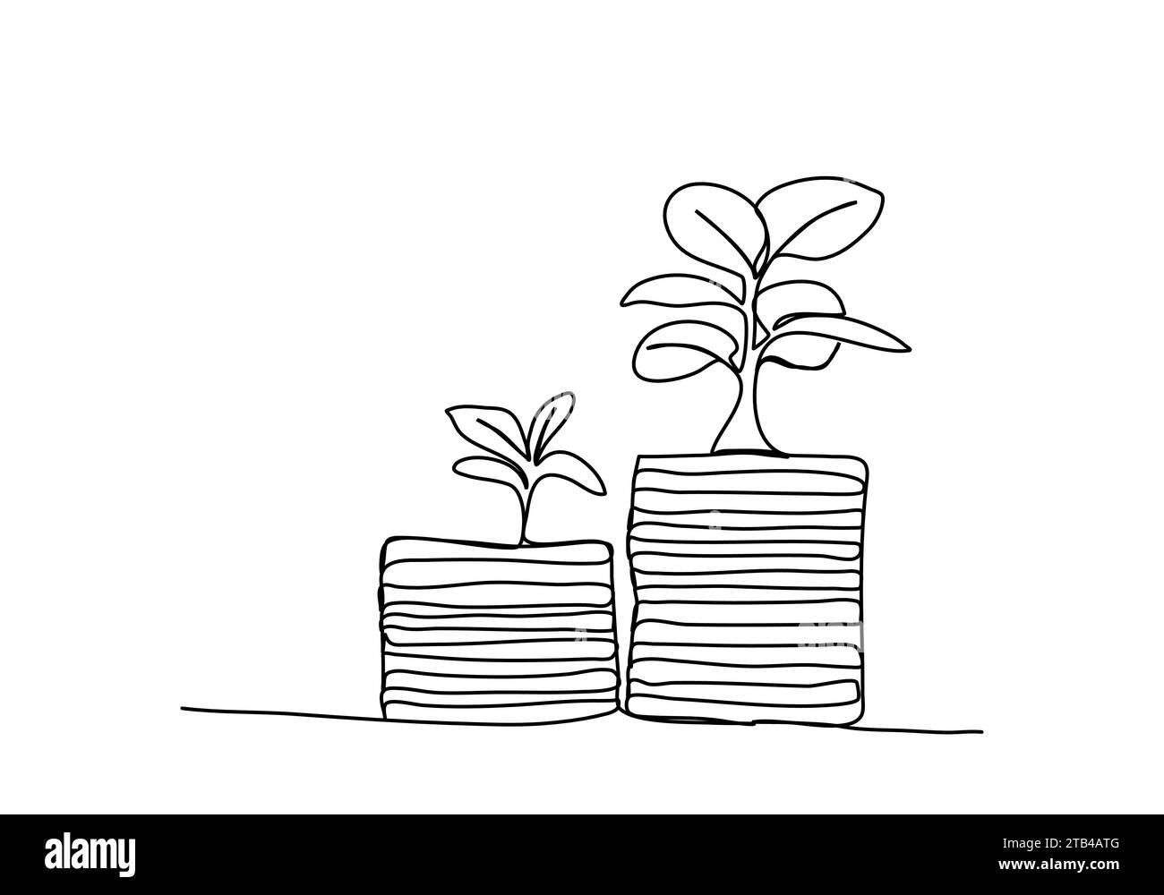 Coins stack with growing plant, one line drawing vector illustration ...