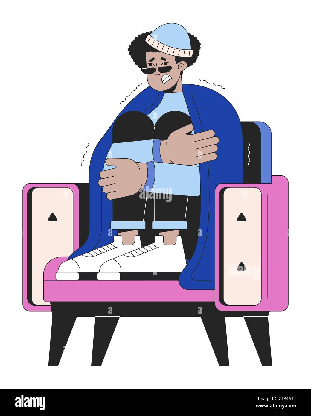 Latino man in armchair sitting under blanket 2D linear cartoon ...