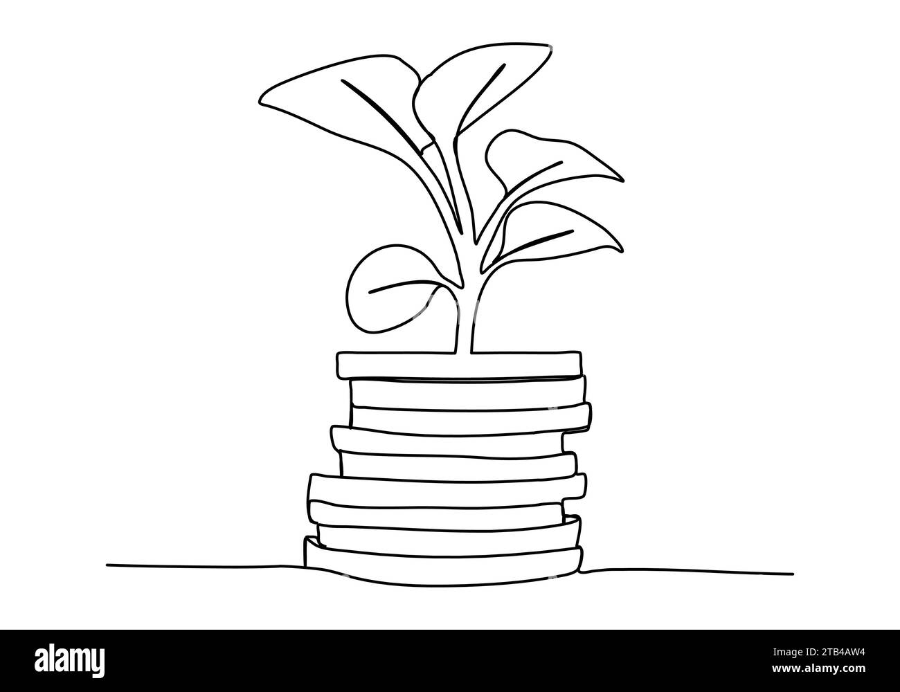 Coins stack with growing plant, one line drawing vector illustration ...