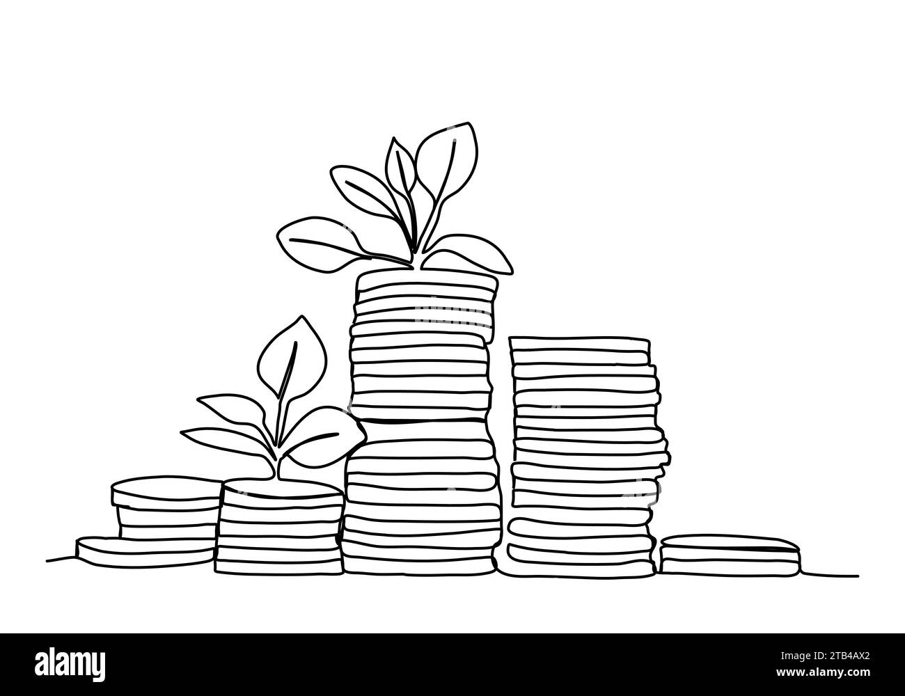 Coins stack with growing plant, one line drawing vector illustration ...