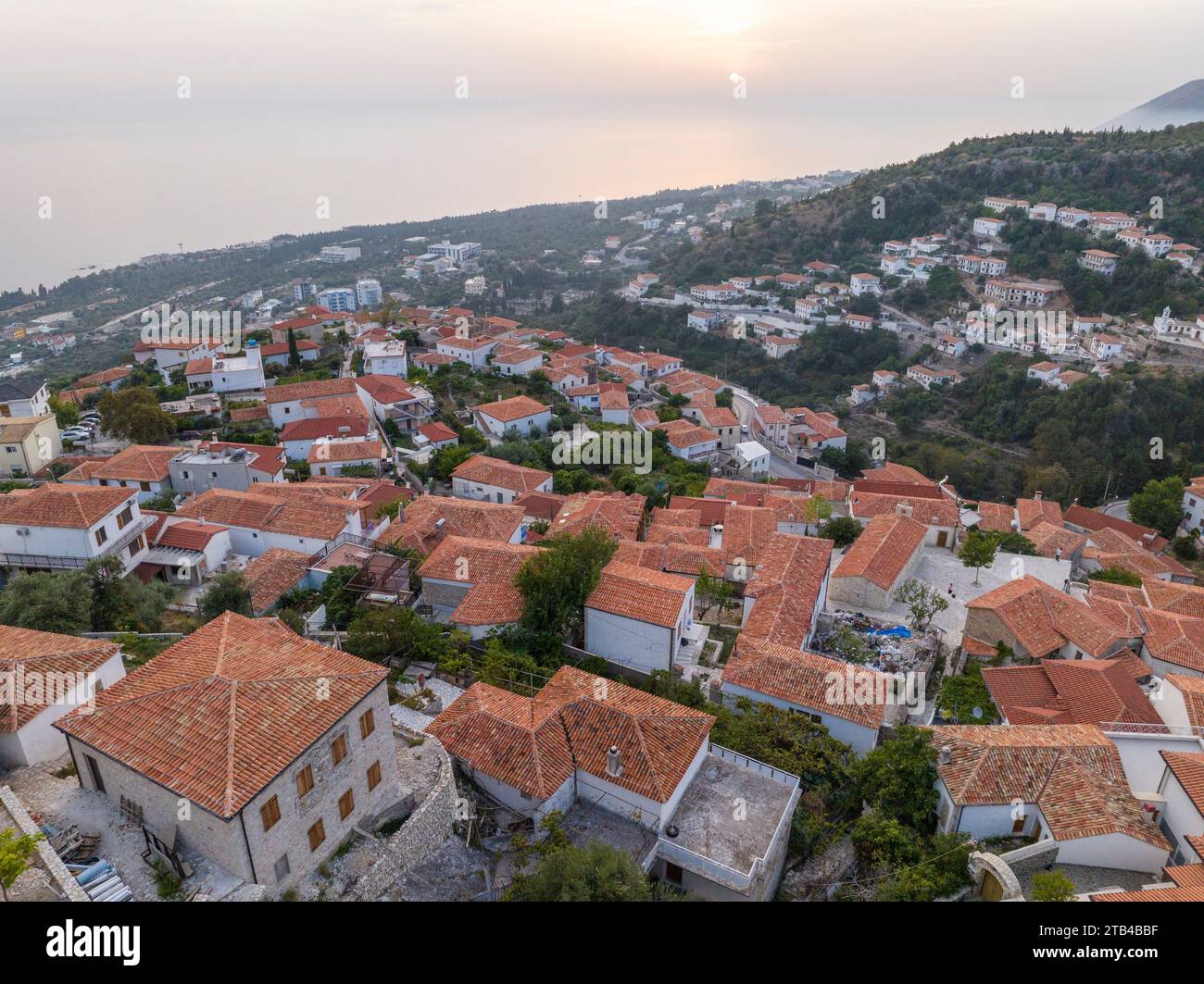 Dhermi at Sunset time. Aerial Shot of Beautiful Village Sea View, Stone ...