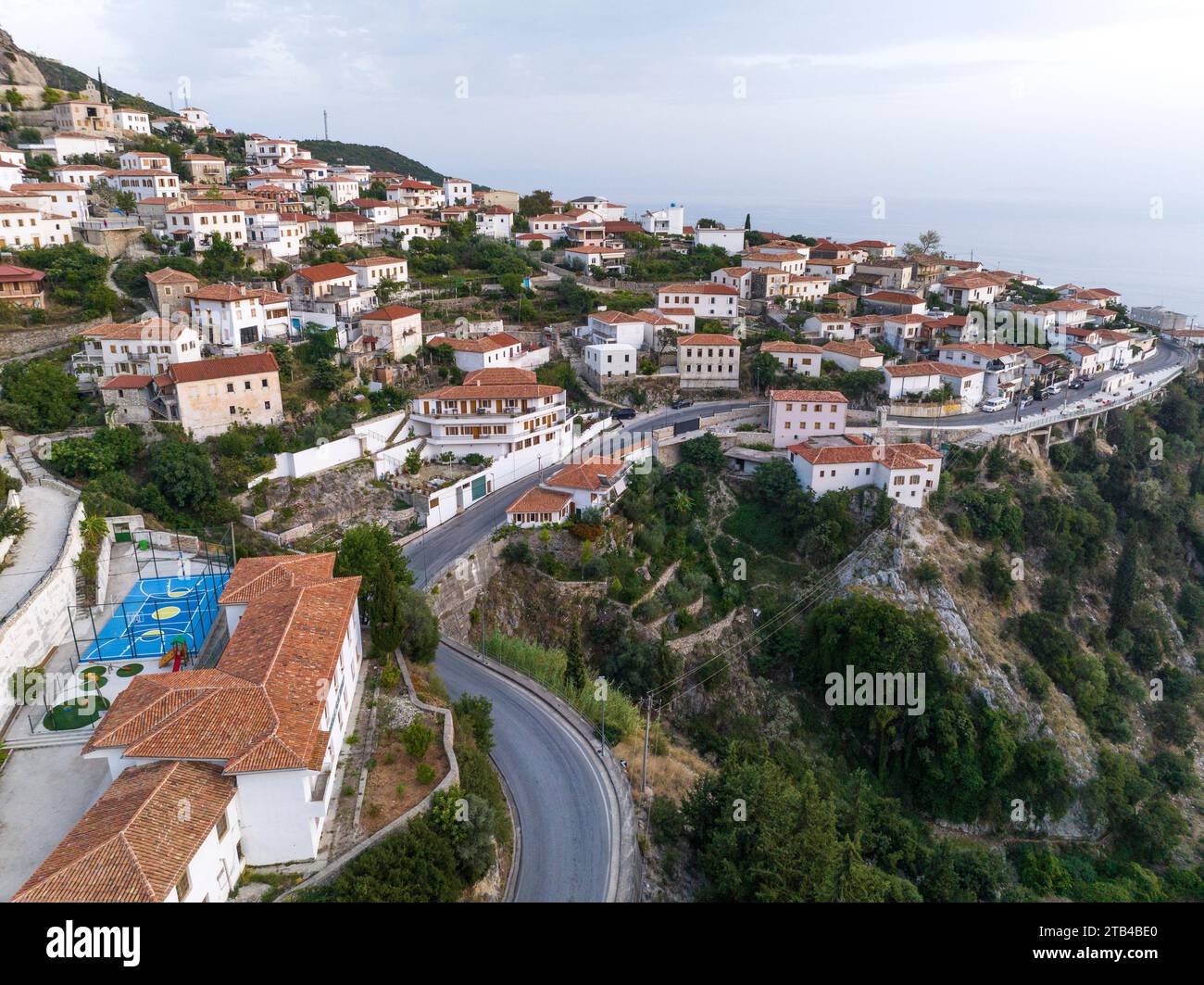 Dhermi at Sunset time. Aerial Shot of Beautiful Village Sea View, Stone ...