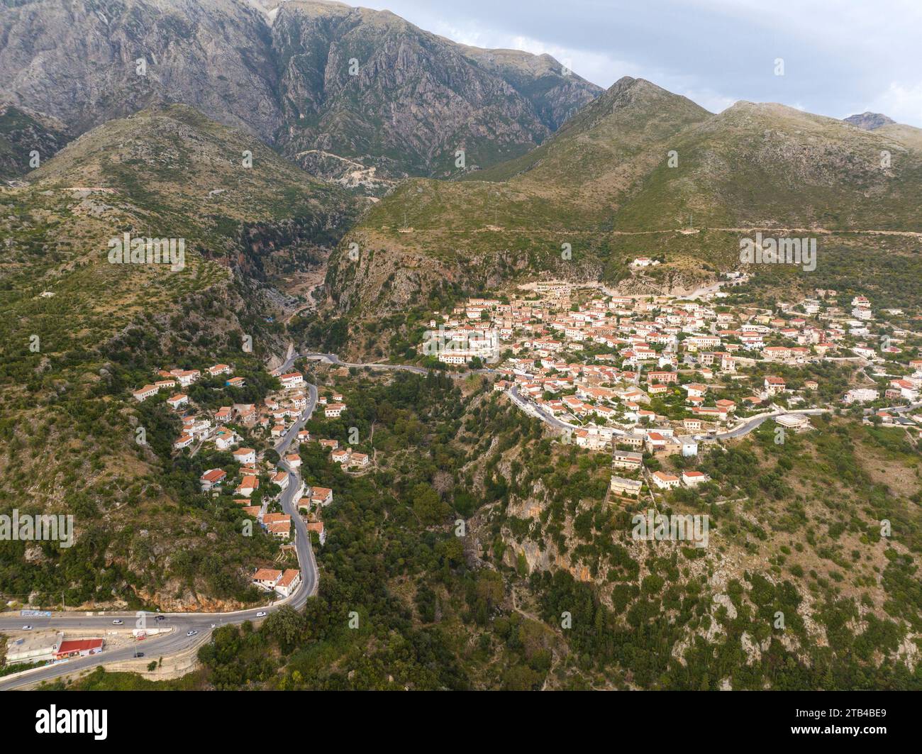 Dhermi at Sunset time. Aerial Shot of Beautiful Village Sea View, Stone ...
