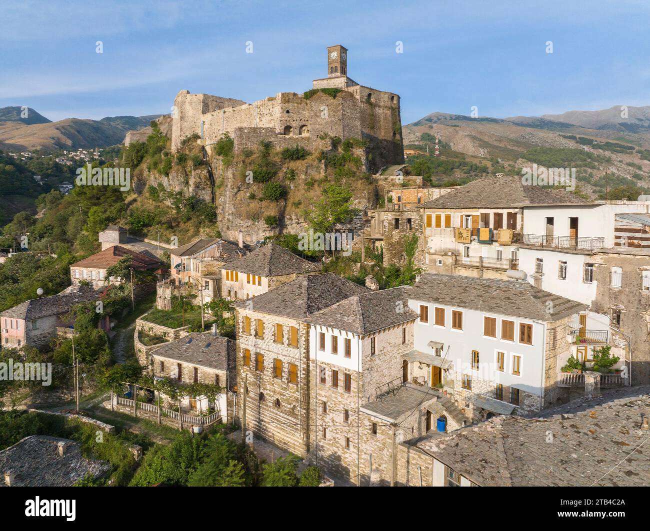 Gjirokaster castle with Clock tower, ottoman architecture houses in ...