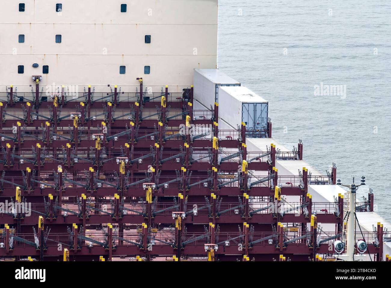 High angle view of the cargo hold of a large container ship with empty ...