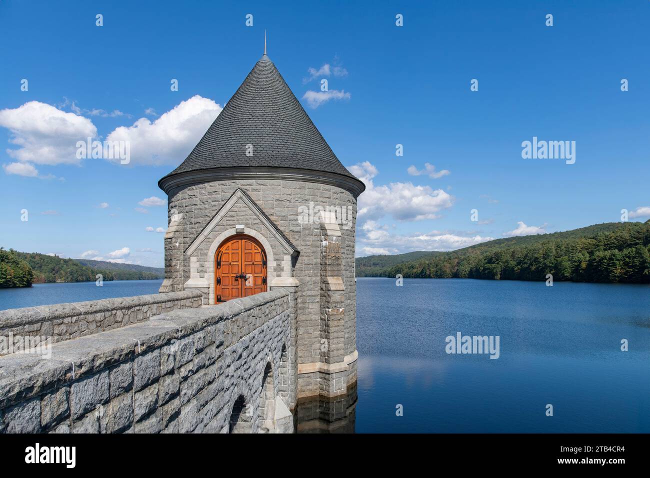Saville Dam Tower with stone Roman arch bridge walkway in Saville Dam ...