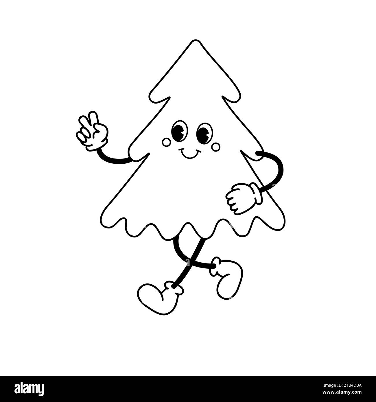 Vector groovy retro cartoon outline Christmas tree isolated on white ...