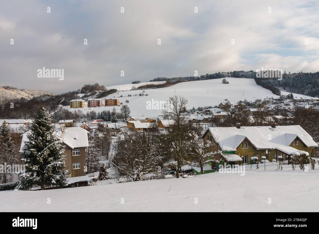 Apartment buildings on in small town, winter morning, after snow ...