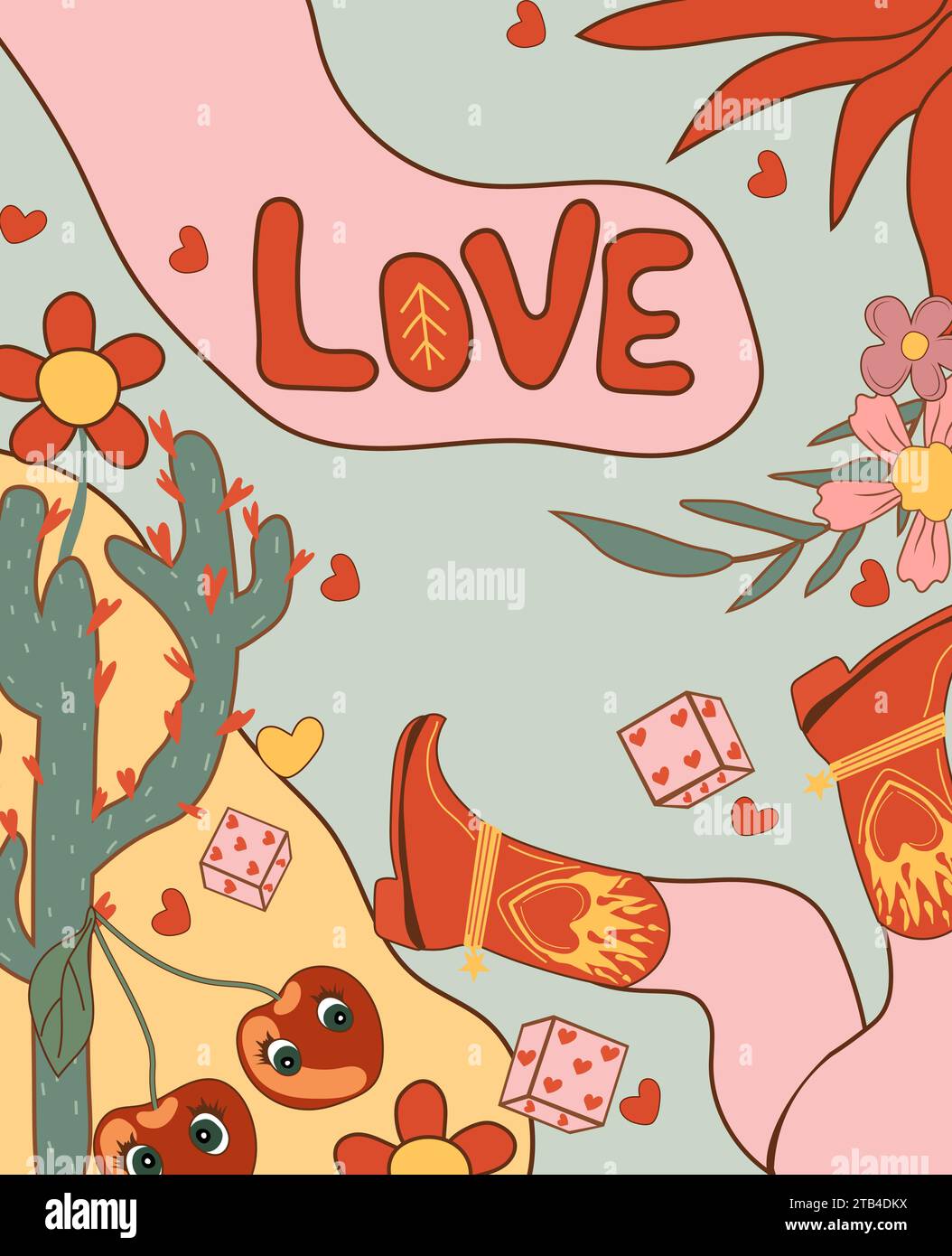 Retro Valentine's Day card. Showcases cartoon-style groovy romantic ...