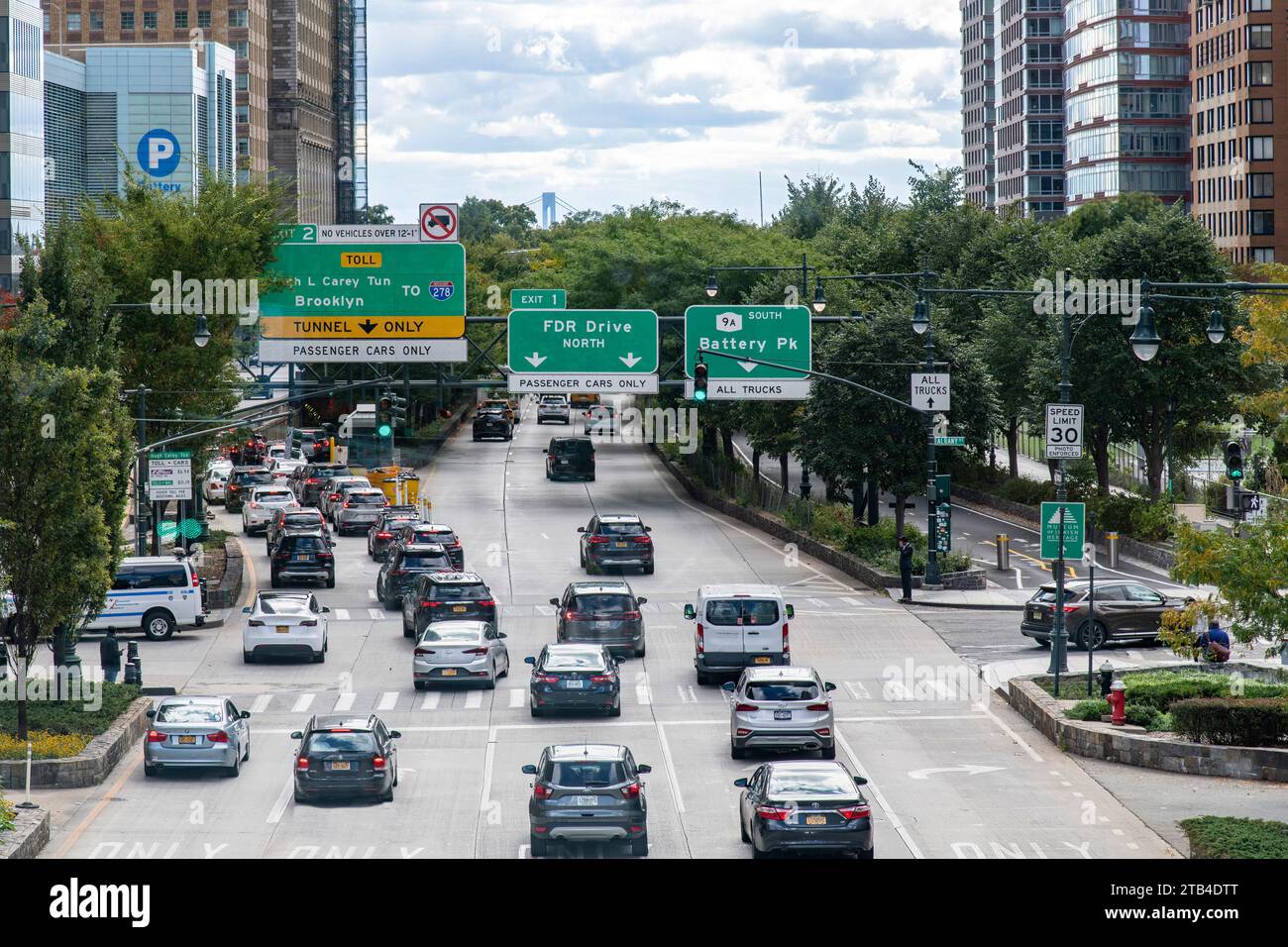 New York City, NY, USA-October 15, 2023; West Street at Liberty Street ...