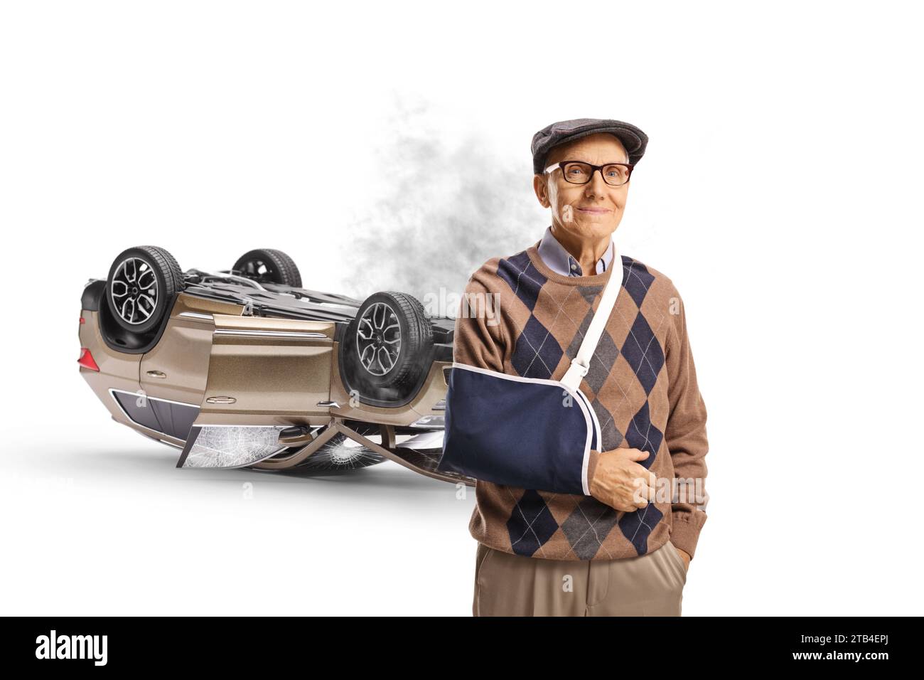 Elderly man with a broken arm wearing a splint after a car accident ...