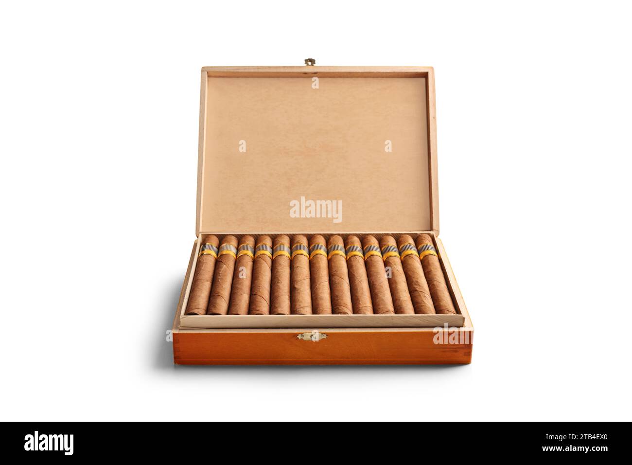 Front view od a wooden box with cigars isolated on white background ...