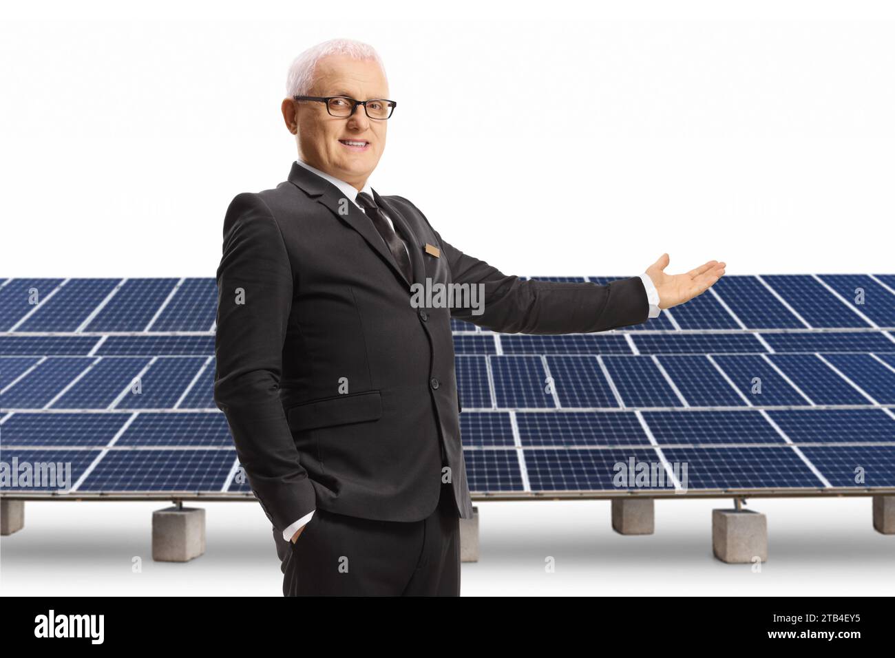 Solar project manager pointing at photovoltaics isolated on white ...