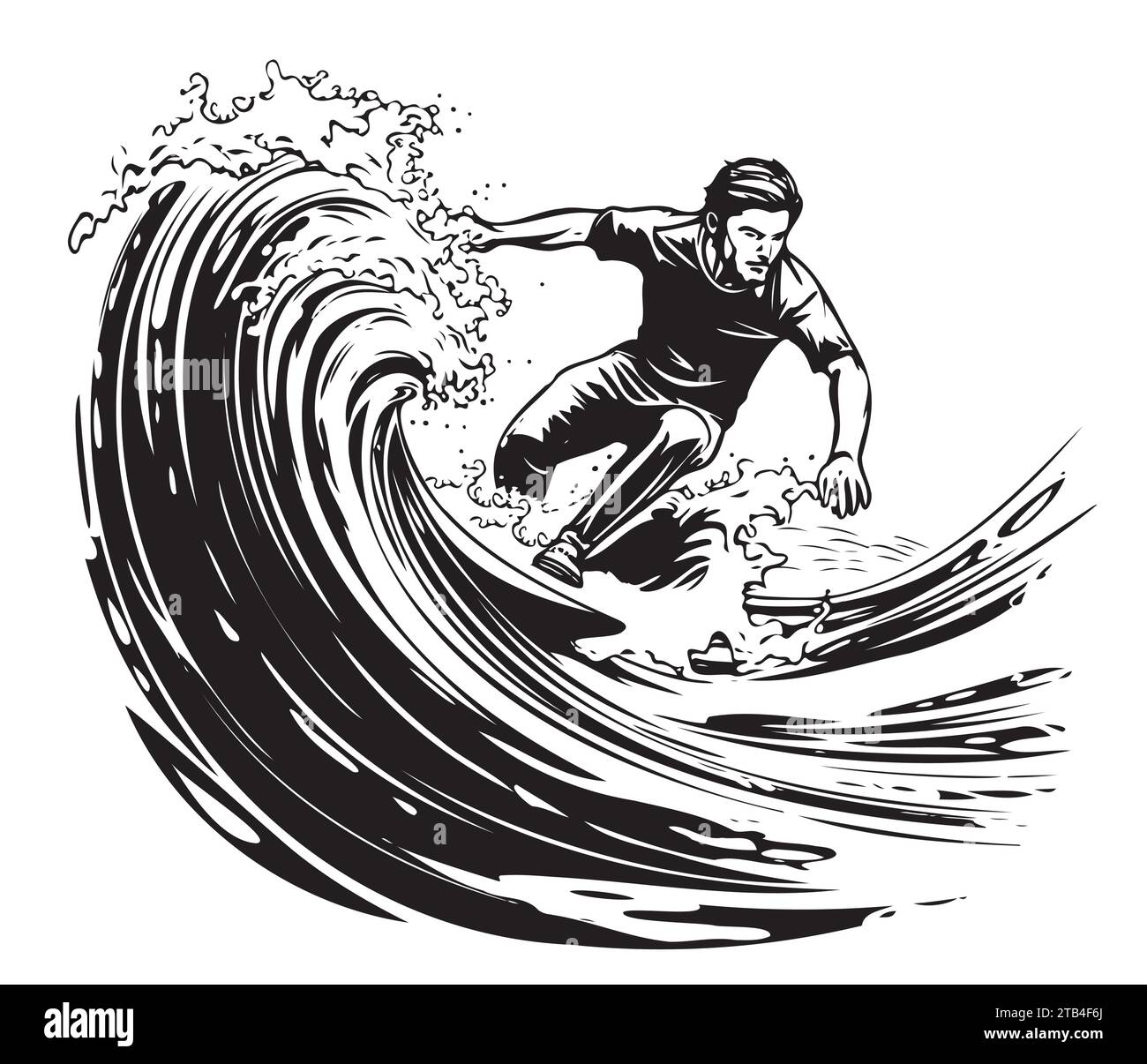 Surfer in wave brush ink sketch hand drawn serigraphy print Vector ...